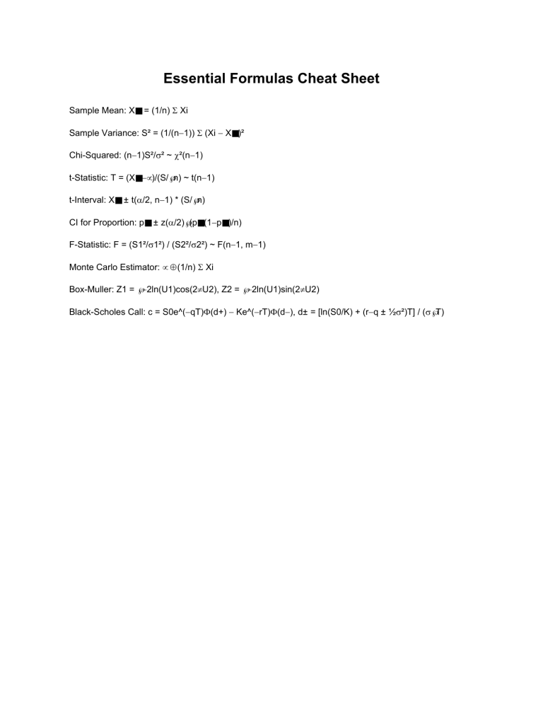 Essential Formulas Cheat Sheet: Statistics & Math