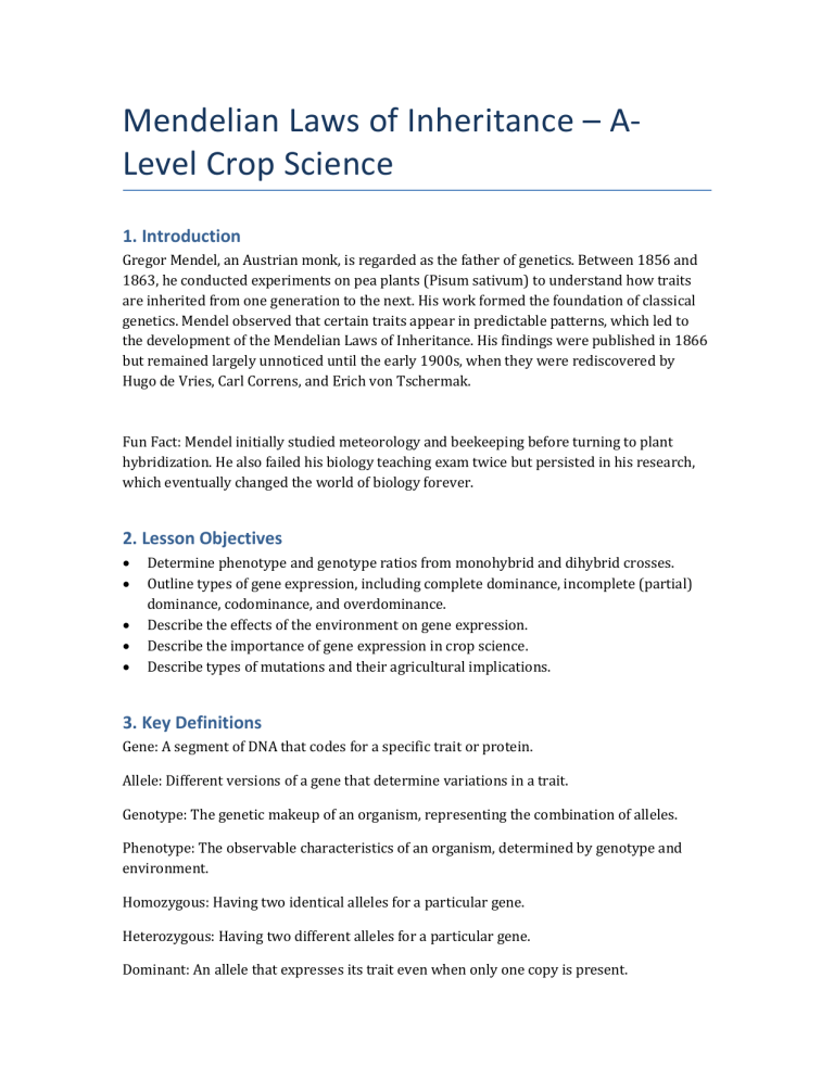 Mendelian Genetics A-Level Crop Science Notes