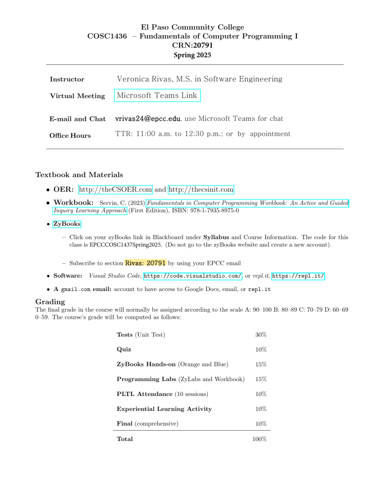 COSC1436 Syllabus: Fundamentals of Computer Programming I