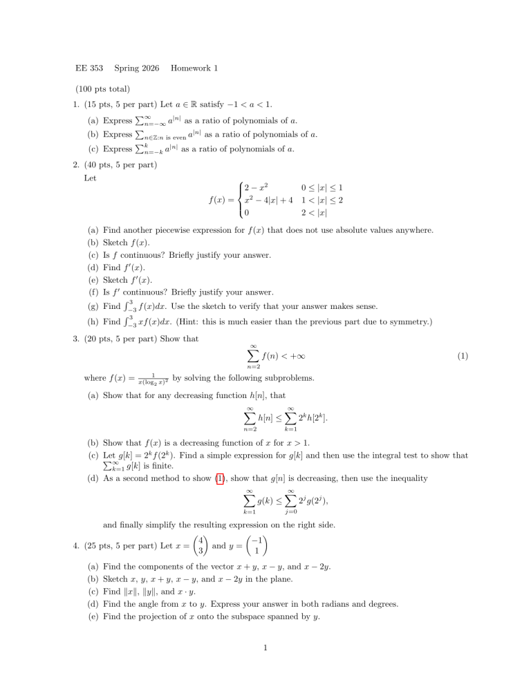 EE 353 Spring 2026 Homework 1: Calculus & Linear Algebra Problems