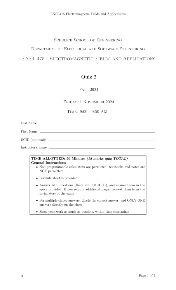 ENEL 475 Quiz 2: Electromagnetic Fields