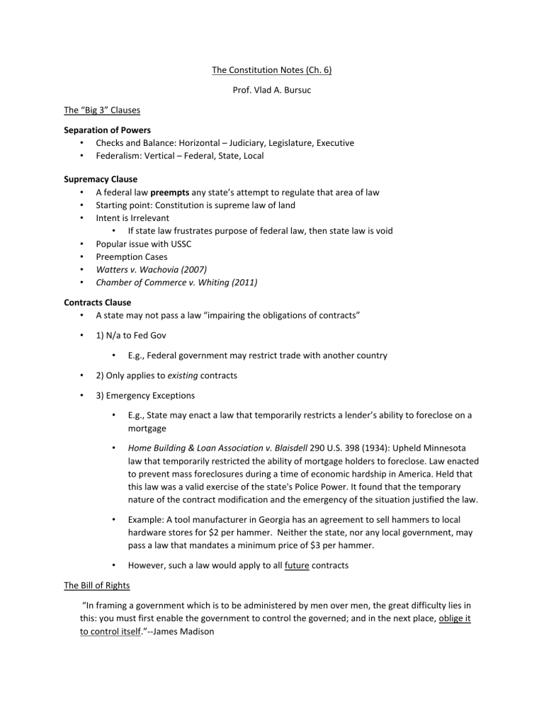 Constitution Notes: Separation of Powers & Bill of Rights