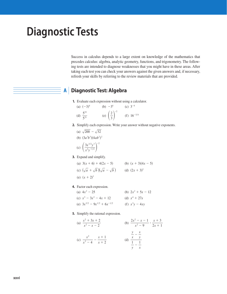 Diagnostic Tests for Calculus: Algebra, Geometry, Functions, Trig