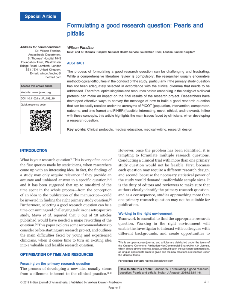 Formulating a Good Research Question: Pearls and Pitfalls