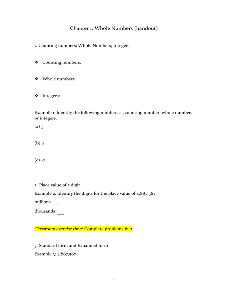 Whole Numbers Handout: Arithmetic, Place Value, and Properties