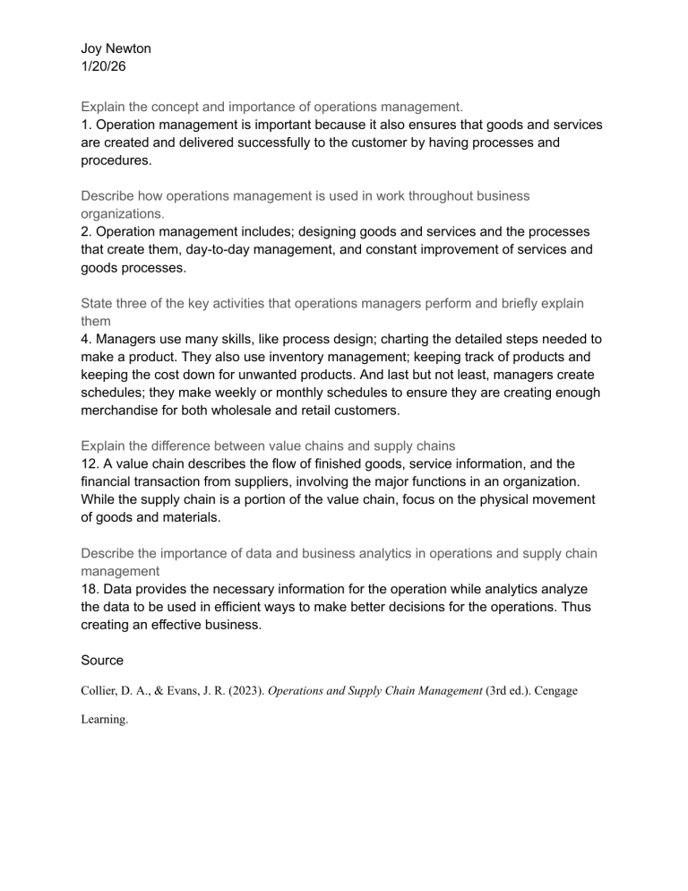 Operations Management Study Guide: Value Chains and Analytics