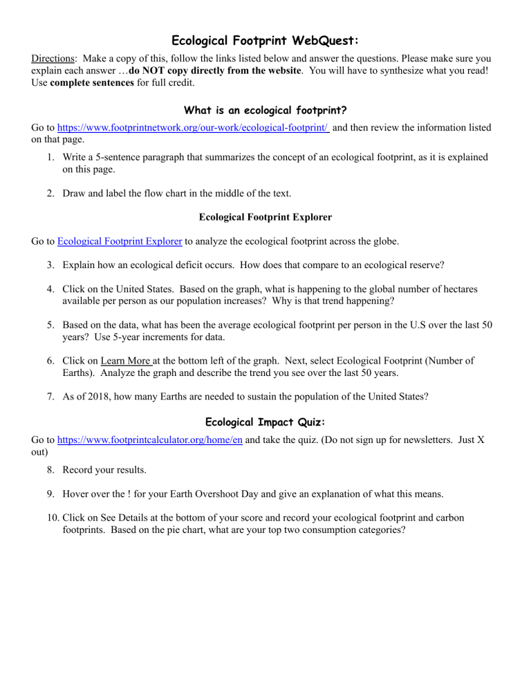 Ecological Footprint WebQuest Worksheet