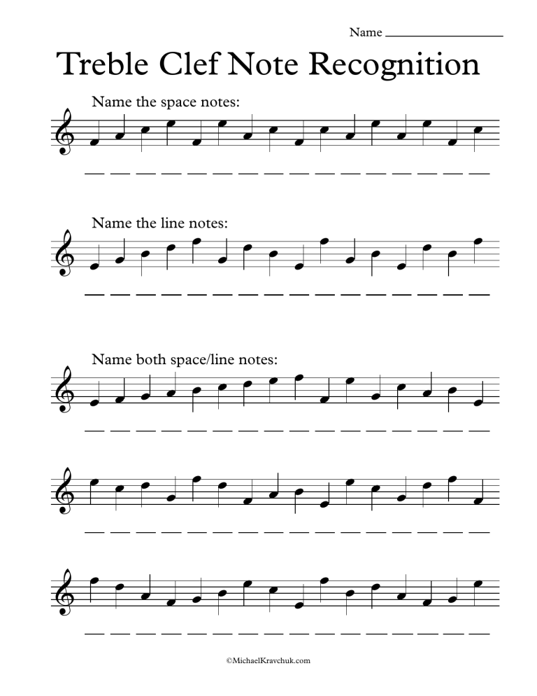 Treble Clef Note Recognition Worksheet