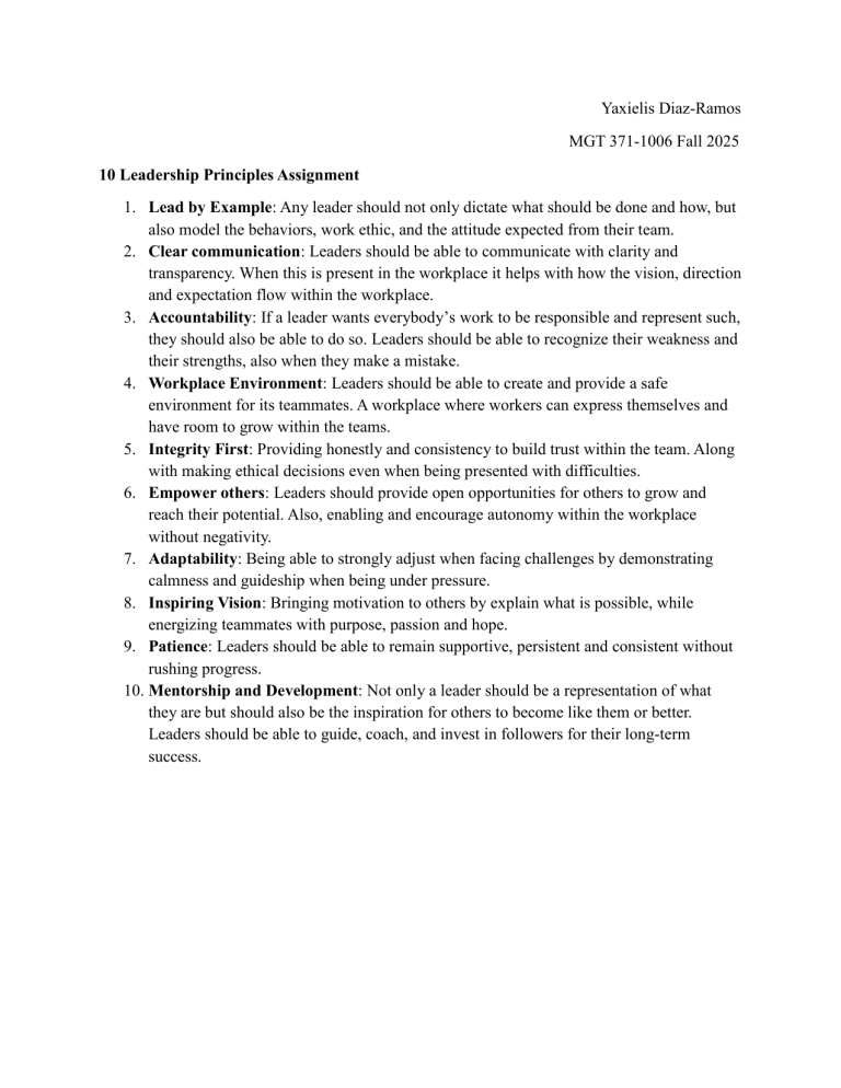 10 Leadership Principles MGT 371