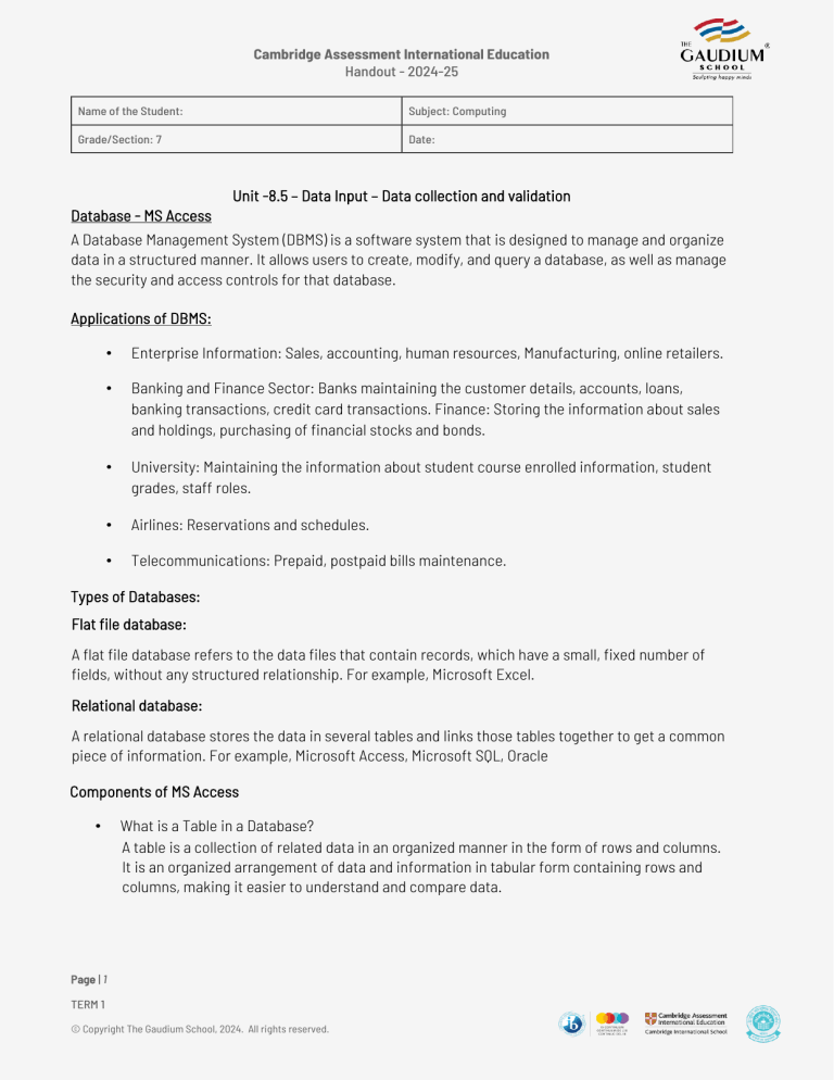 MS Access Database Handout for Grade 7 Computing