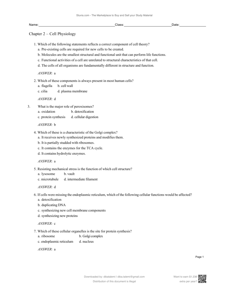 Cell Physiology Quiz: Chapter 2 Multiple Choice Questions