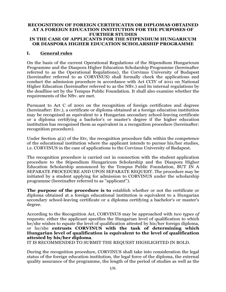 Foreign Diploma Recognition for Stipendium Hungaricum Applicants