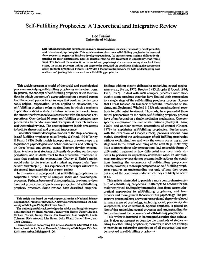 Self-Fulfilling Prophecies: Theoretical Review