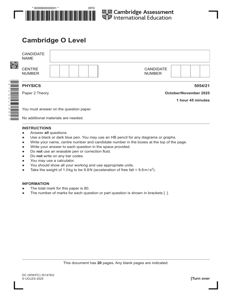 Cambridge O Level Physics Paper 2 Theory 2025 Exam
