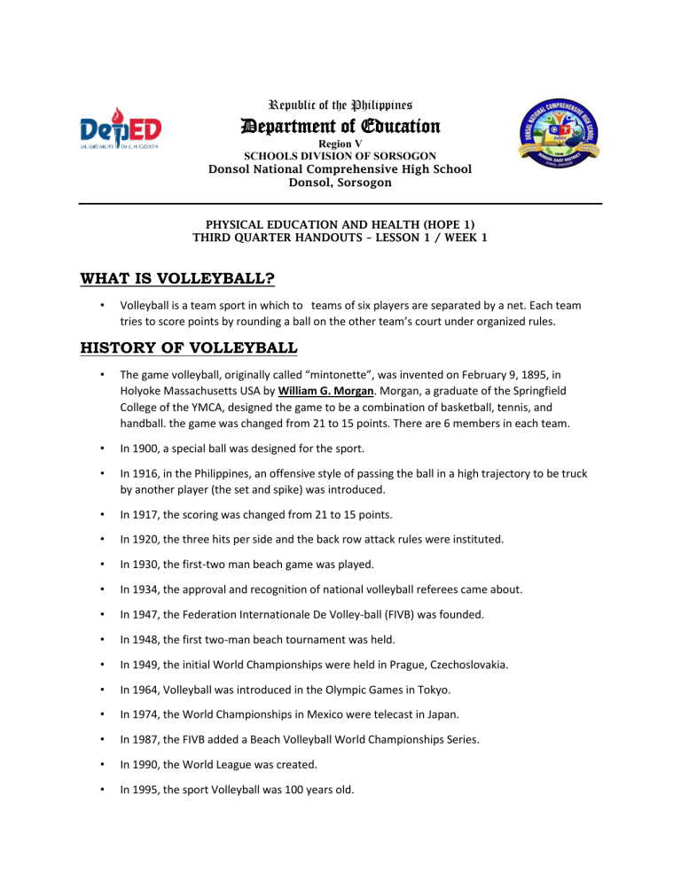 HOPE 1 Q3 Lesson 1: Volleyball History, Rules, and Equipment