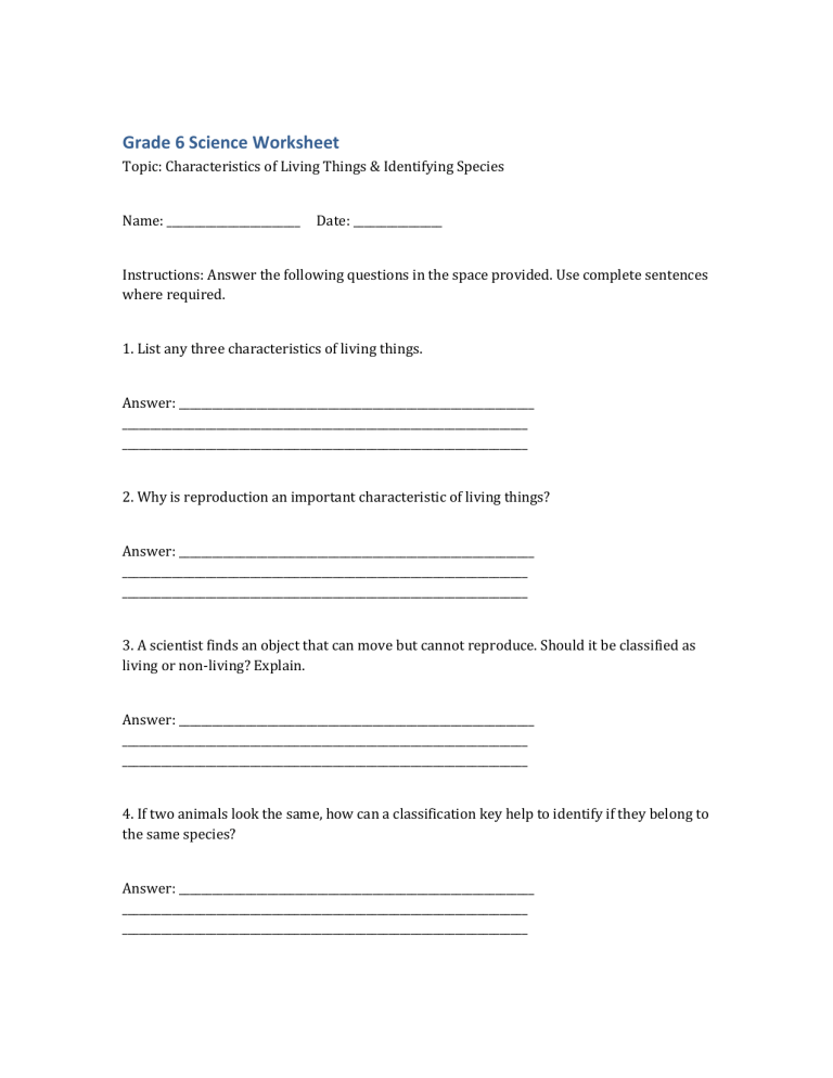 Grade 6 Science Worksheet: Living Things & Species