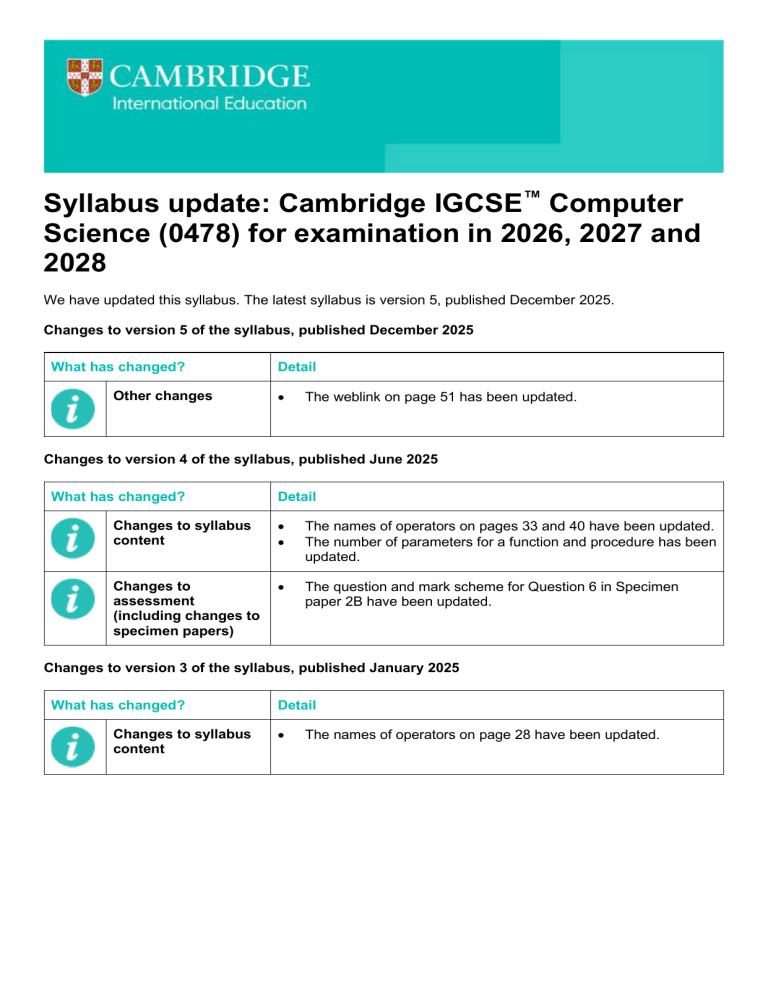 Cambridge IGCSE Computer Science 0478 Syllabus