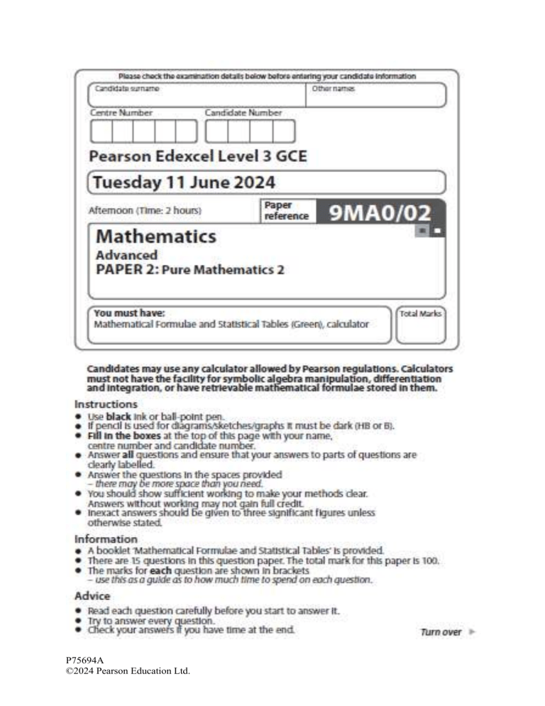 Pearson Edexcel A-Level Pure Maths 2 Exam Paper 2024