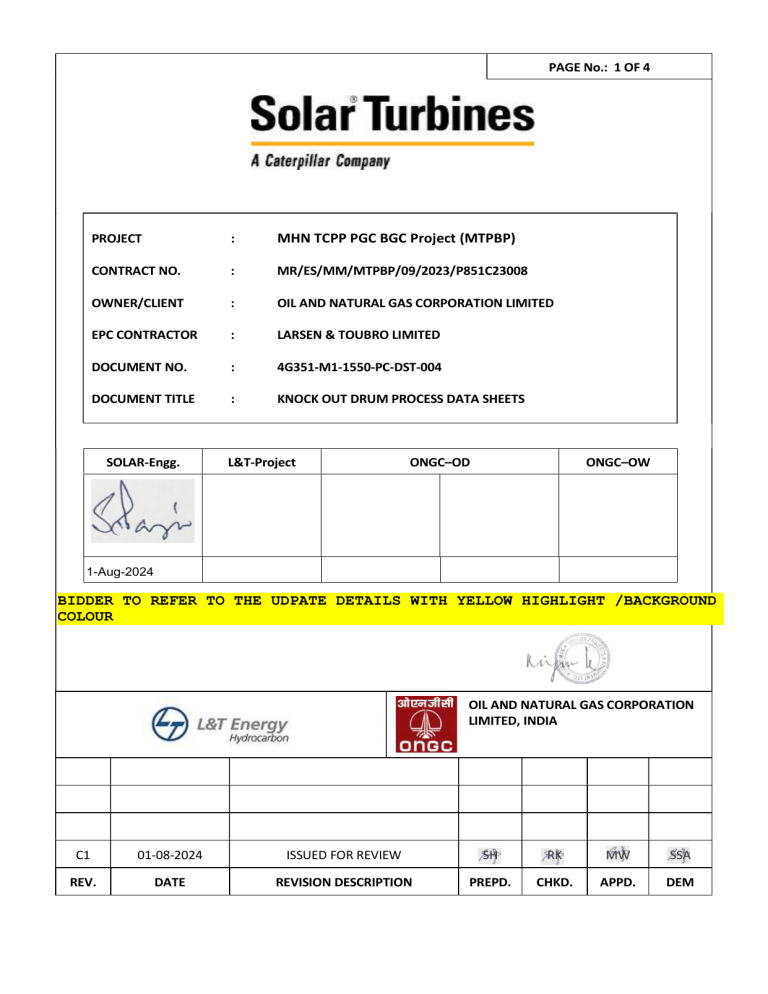 Knock Out Drum Process Data Sheets