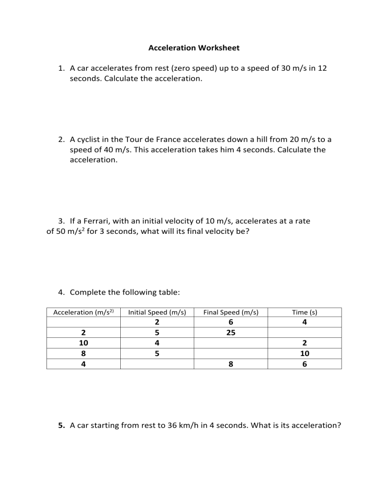 Acceleration Worksheet: Physics Practice Problems