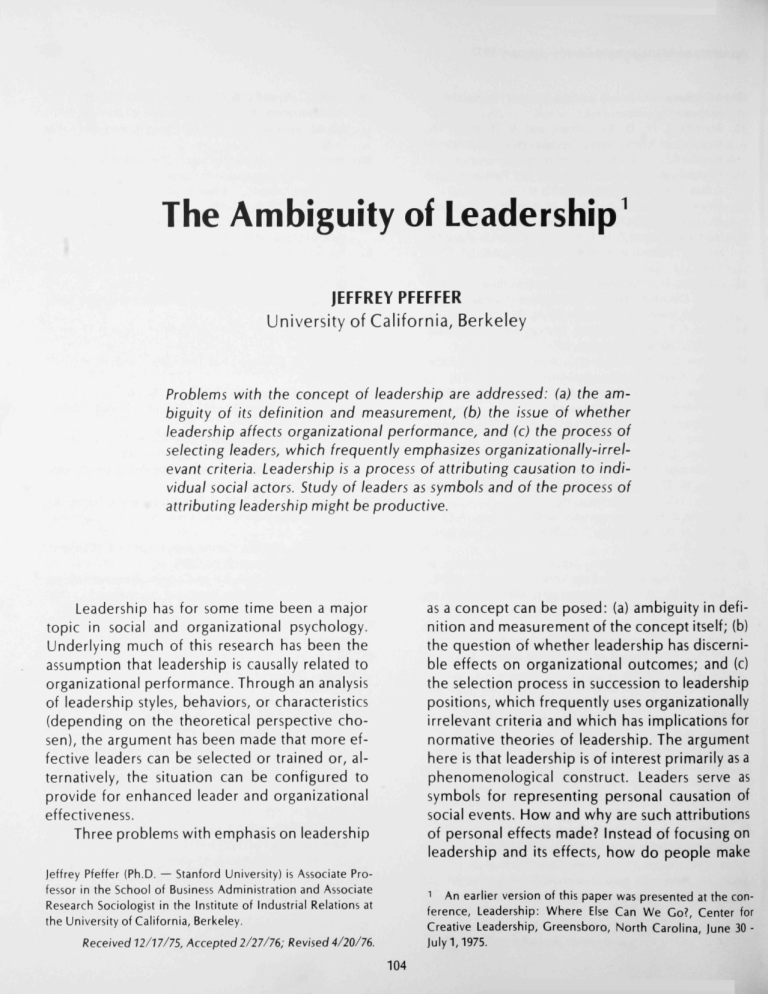 The Ambiguity of Leadership: A Critical Analysis