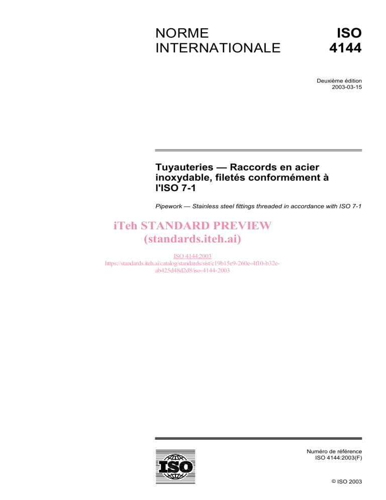 ISO 4144:2003 - Raccords en acier inoxydable filetés