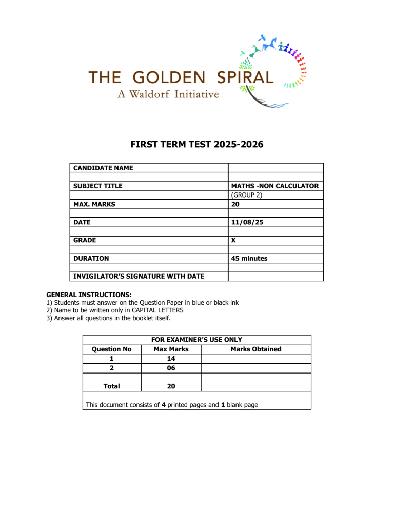 Grade 10 Maths Non-Calculator First Term Test 2025-2026