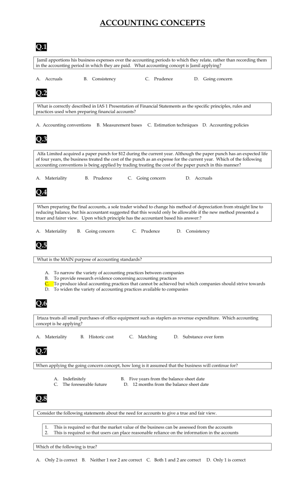 Accounting Concepts Quiz Questions