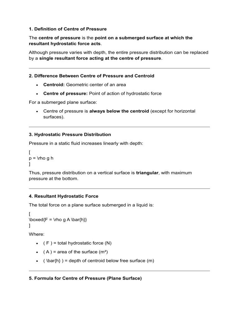 Centre of Pressure and Hydrostatic Force: Engineering Notes