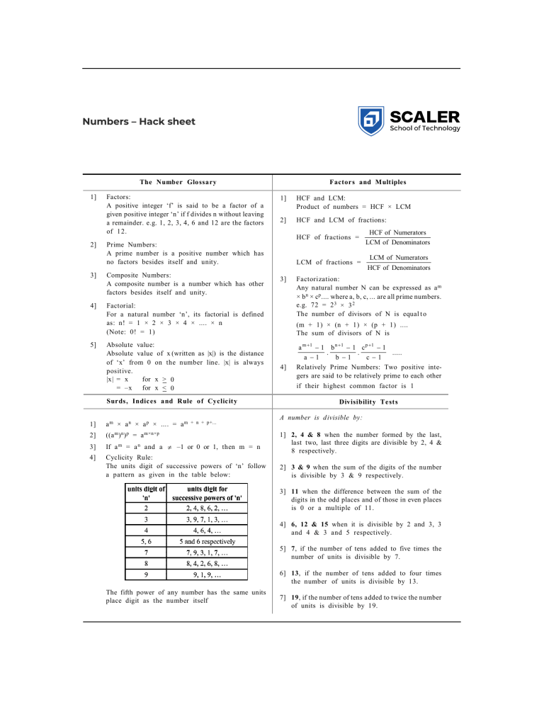 Numbers and Algebra Workshop Formula Sheet: CAT Preparation