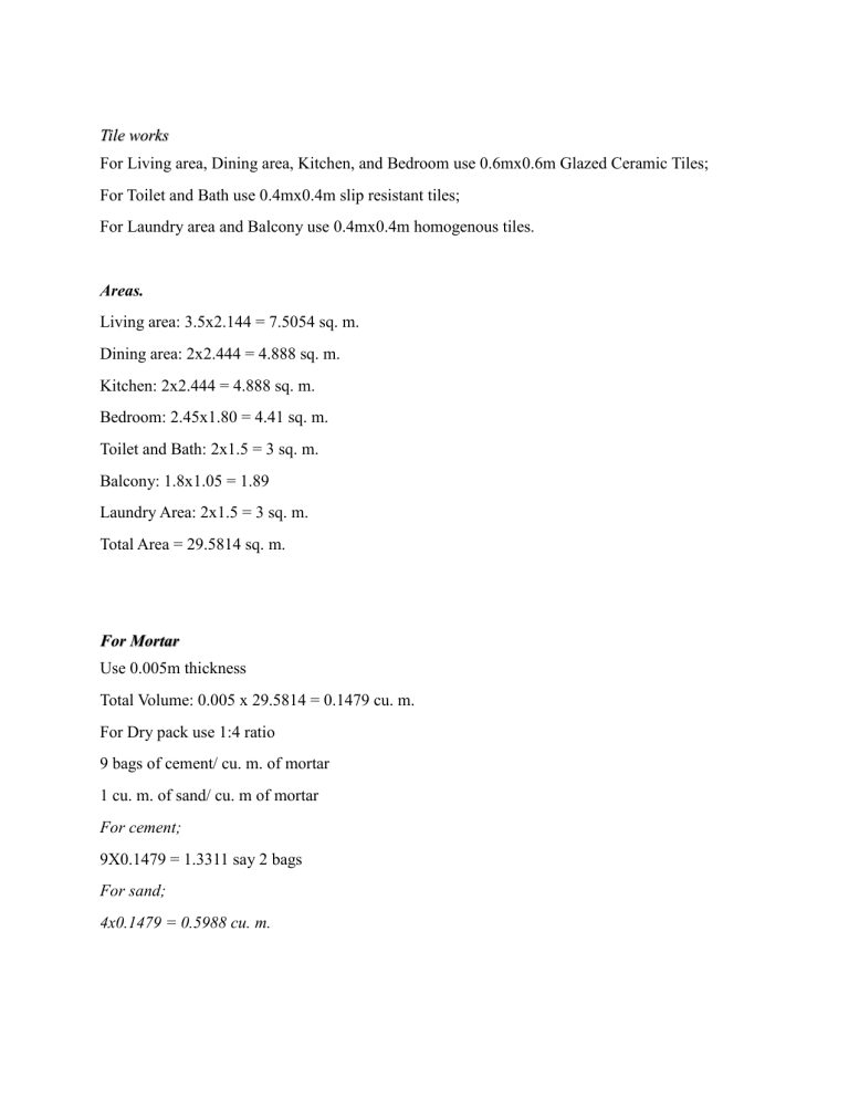 Tile Works Calculation Sheet: Area, Mortar, Adhesive, Tiles