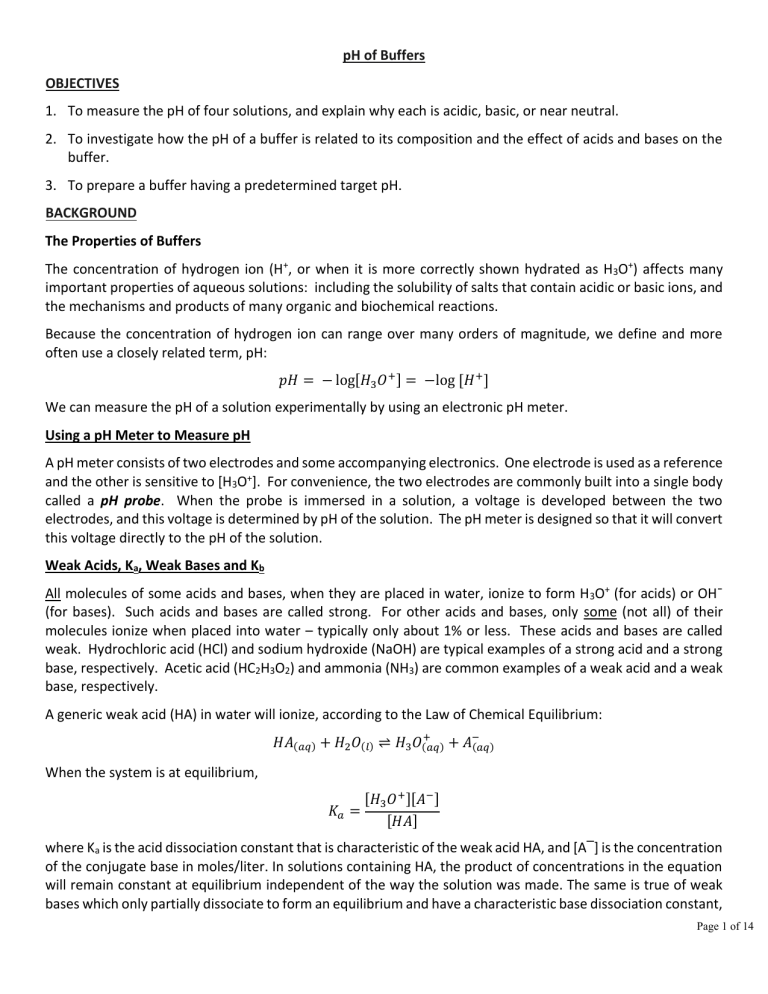 pH of Buffers Chemistry Lab Manual: Objectives and Procedures