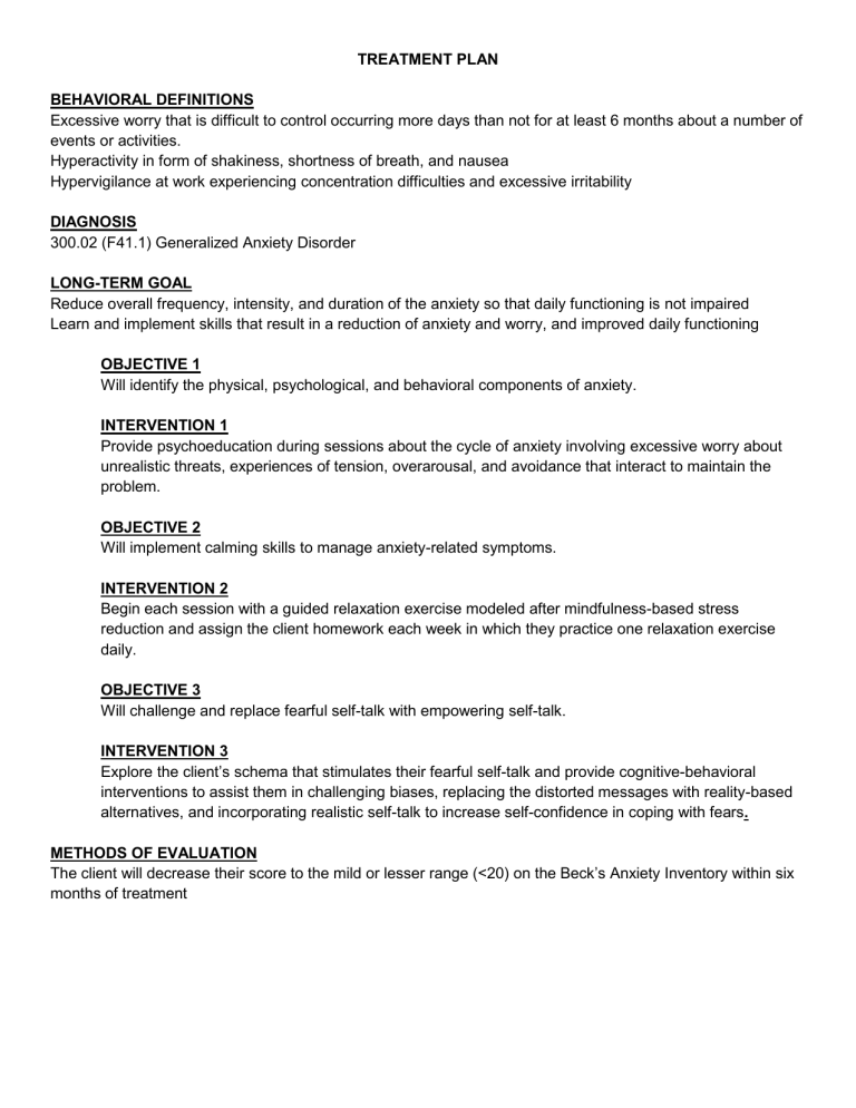 Generalized Anxiety Disorder Treatment Plan and Interventions