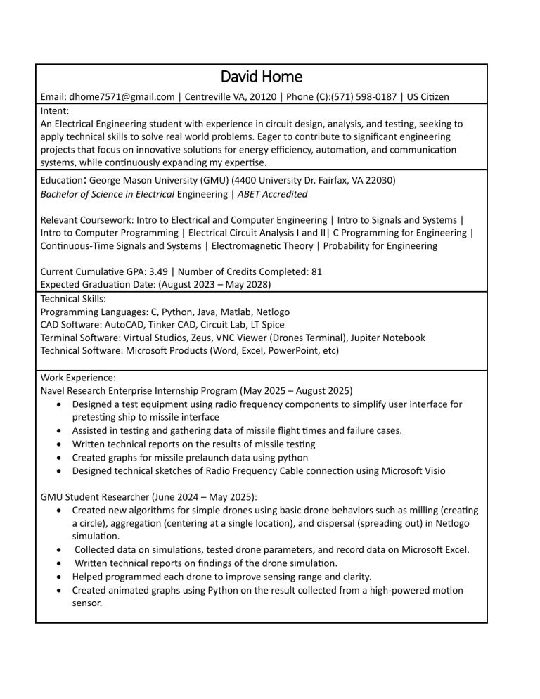 David Home Electrical Engineering Resume
