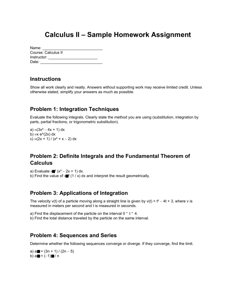 Calculus II Homework: Integration, Sequences, and Series