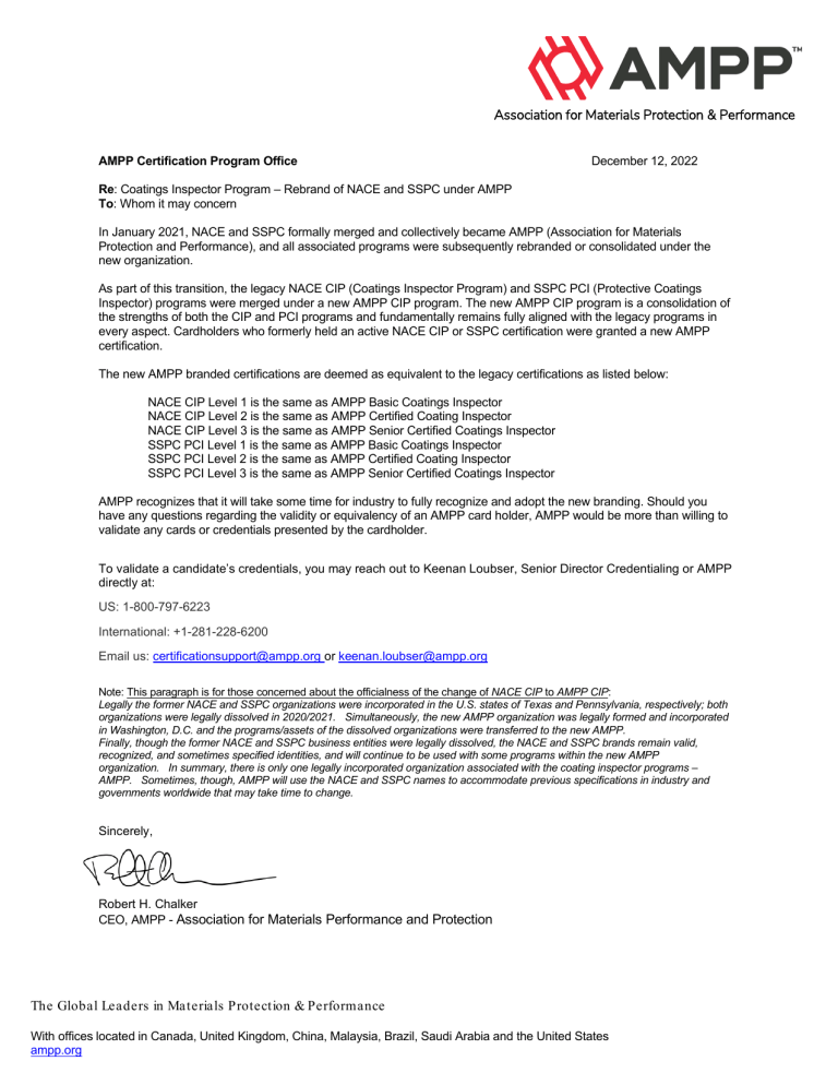 AMPP Coatings Inspector Program Rebranding Letter
