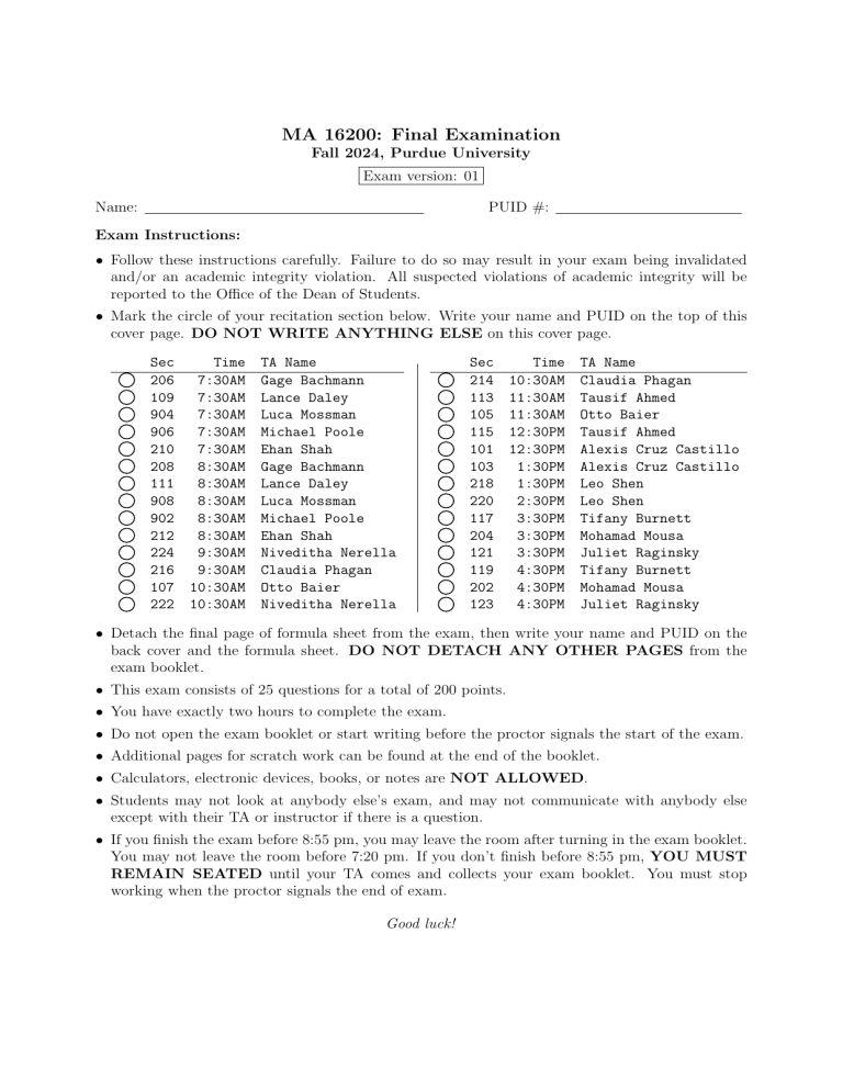 MA 16200 Calculus 2 Final Exam Purdue University Fall 2024
