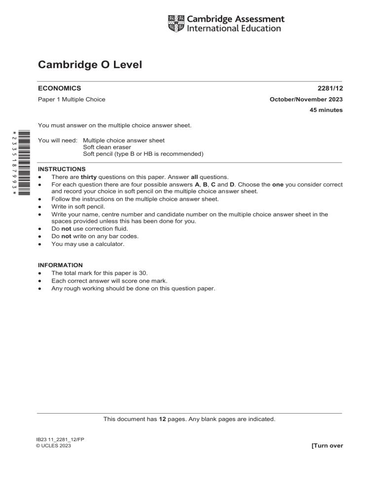 Cambridge IGCSE Economics 2281 Past Paper 2023