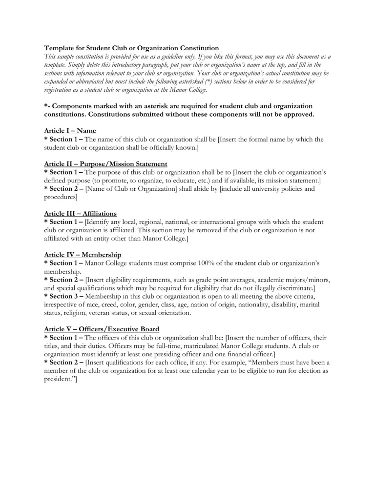 Student Club Constitution Template - Manor College