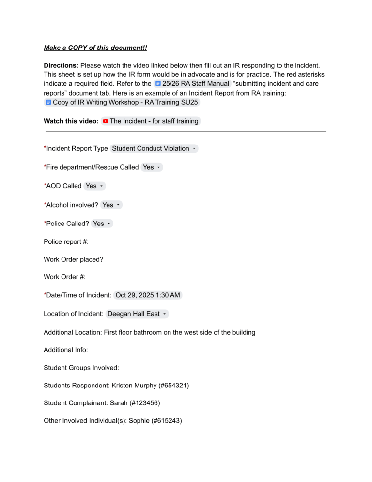 RA Training Incident Report Practice Sheet