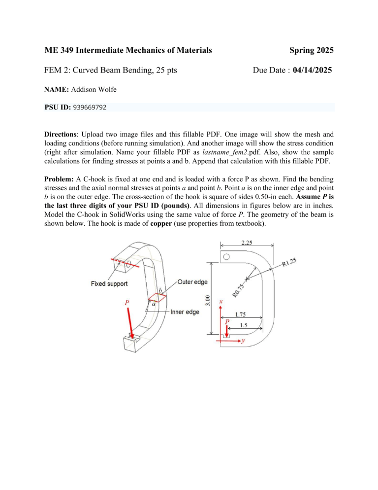 ME 349 FEM 2: Curved Beam Bending Assignment
