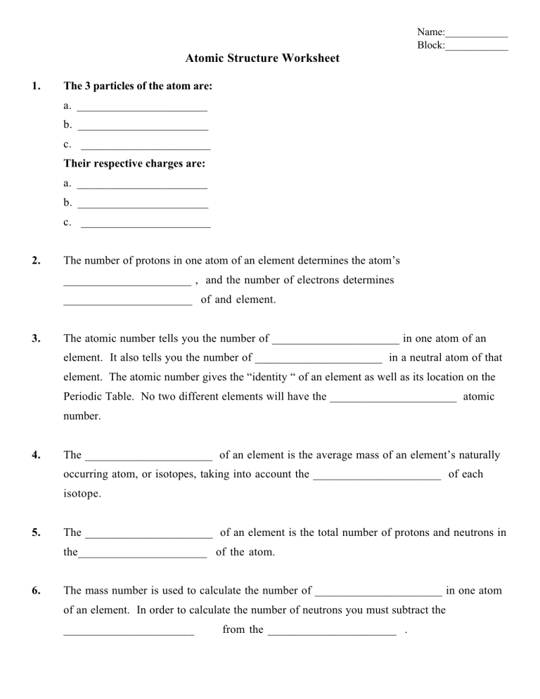 Atomic Structure Chemistry Worksheet