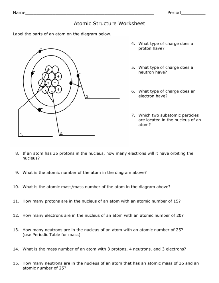 Atomic Structure Worksheet: Atoms Family and Bohr Models