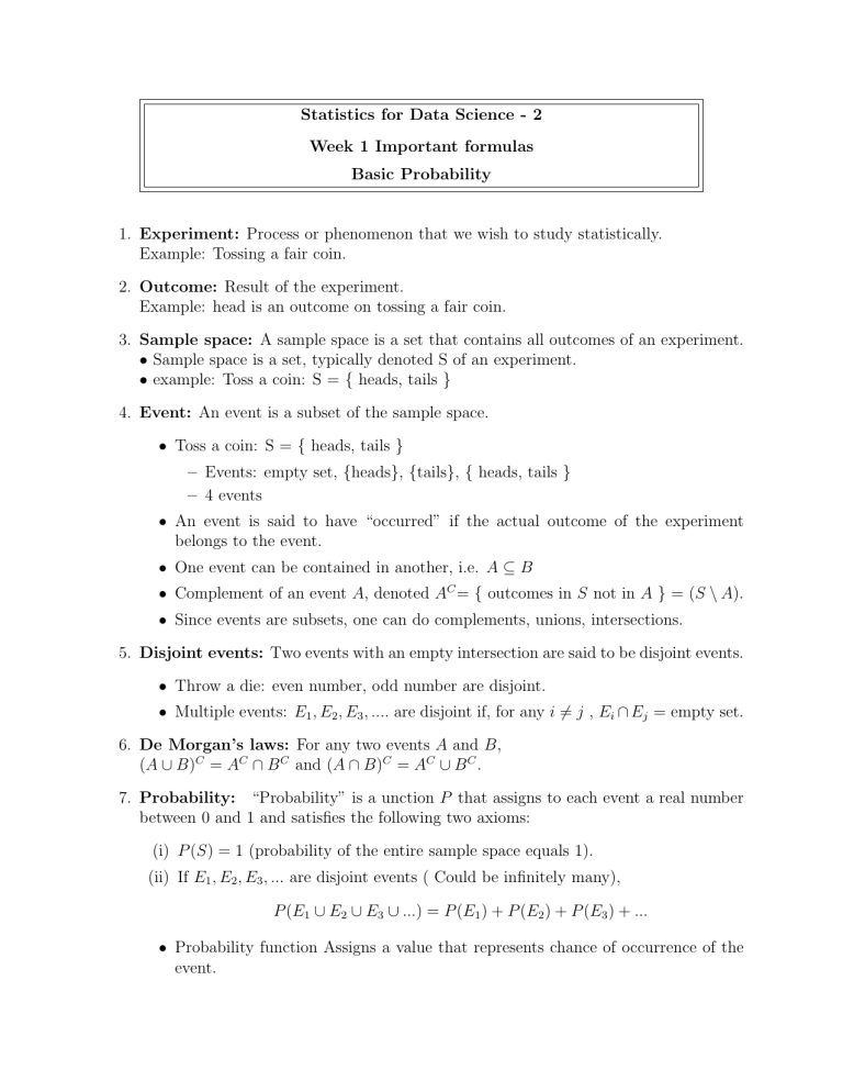 Statistics for Data Science - Week 1 Basic Probability Formulas