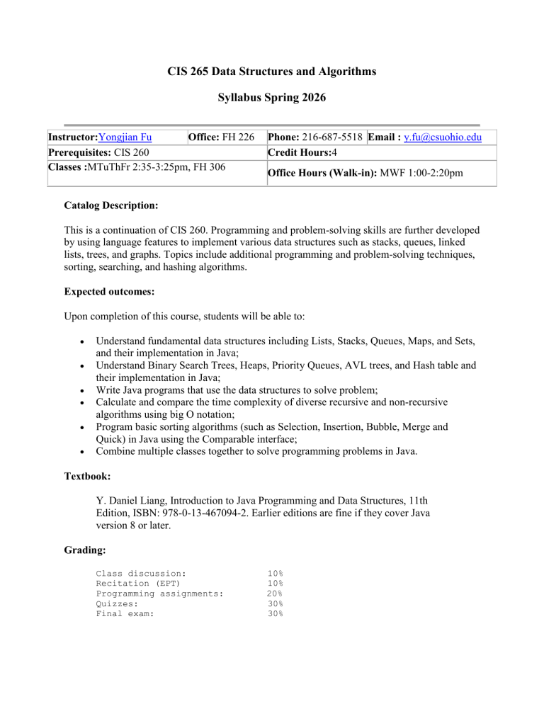 CIS 265 Data Structures and Algorithms Syllabus