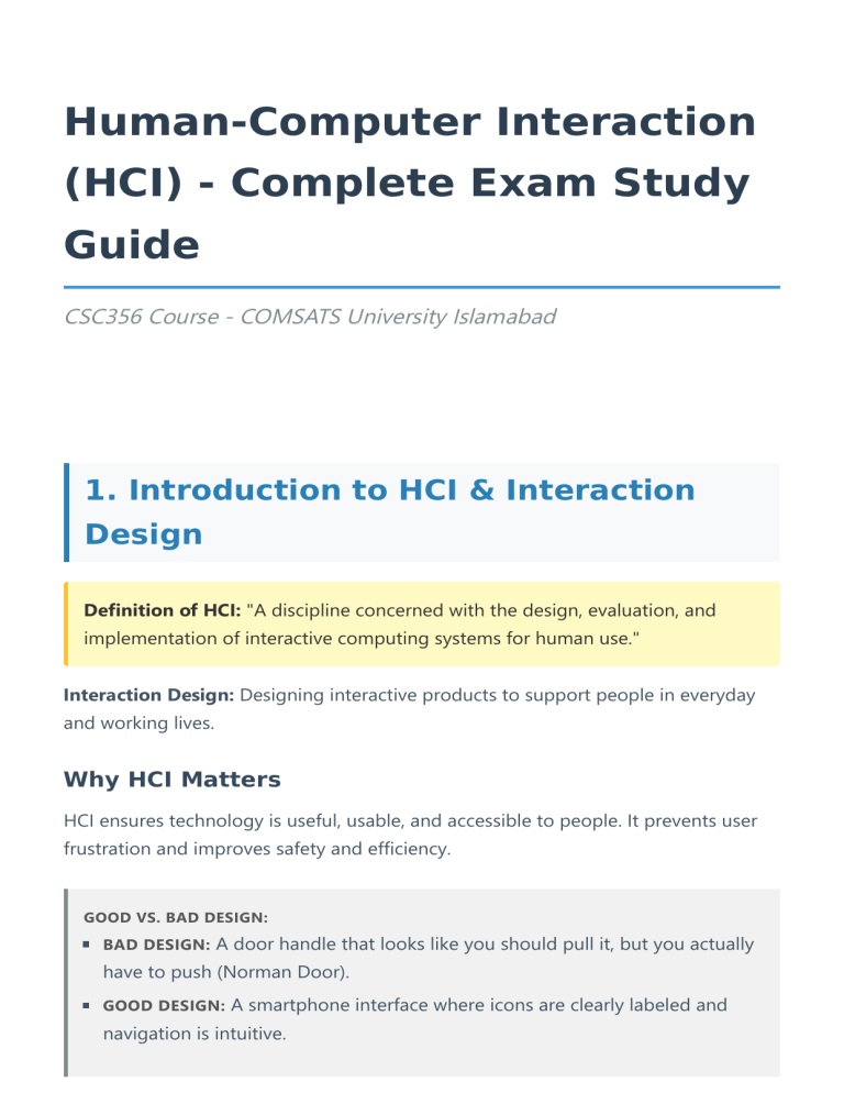 HCI Exam Study Guide - COMSATS University