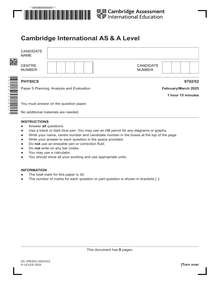 Cambridge AS & A Level Physics Paper 5 2025