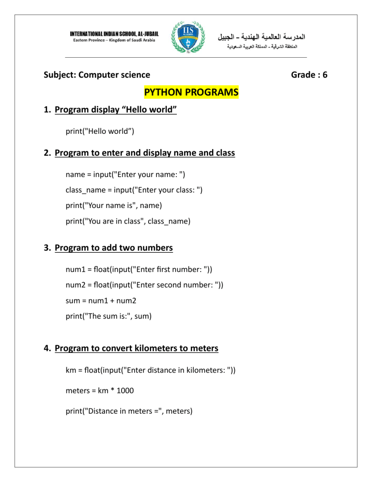 Grade 6 Python Programming Exercises: Basics and Geometry