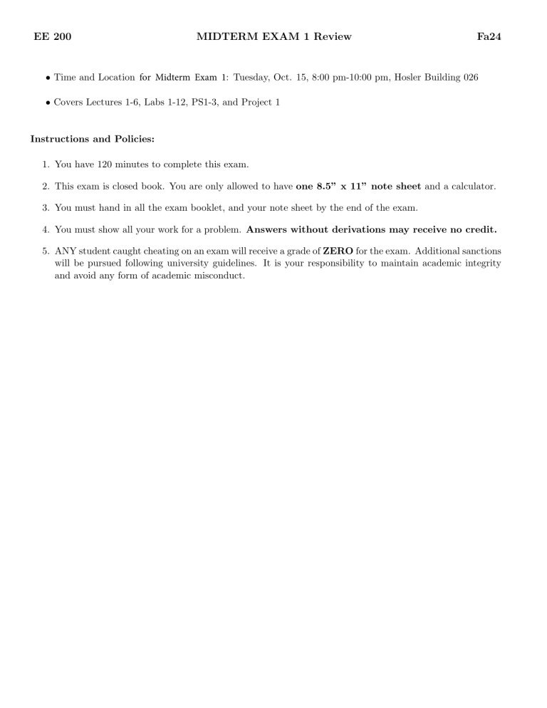 EE 200 Midterm 1 Review Guide