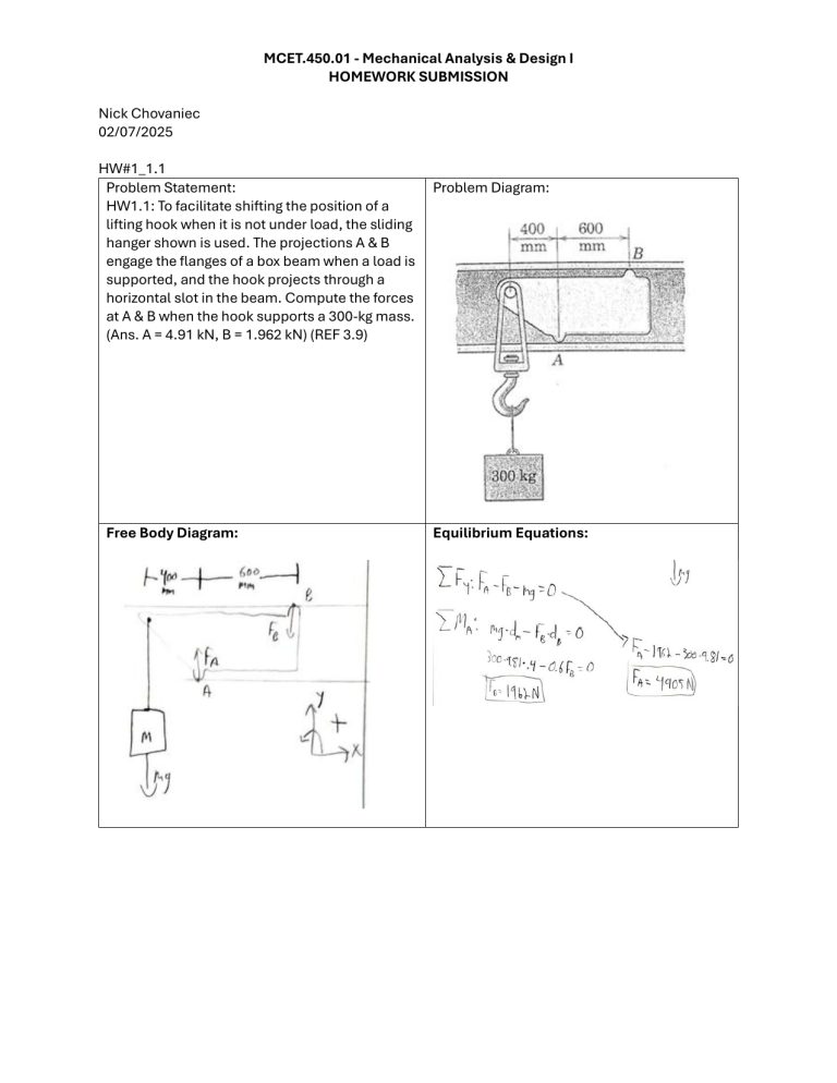 Mechanical Analysis & Design Homework 1